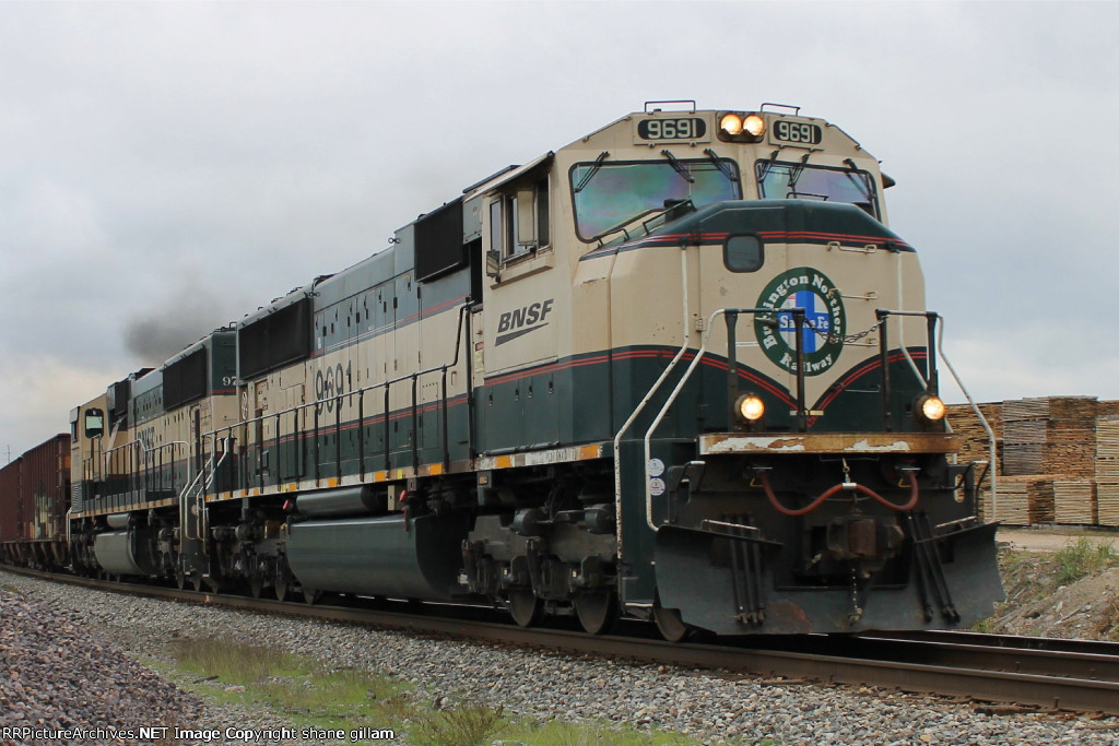 BNSF 9691 leads a ore train southbound.